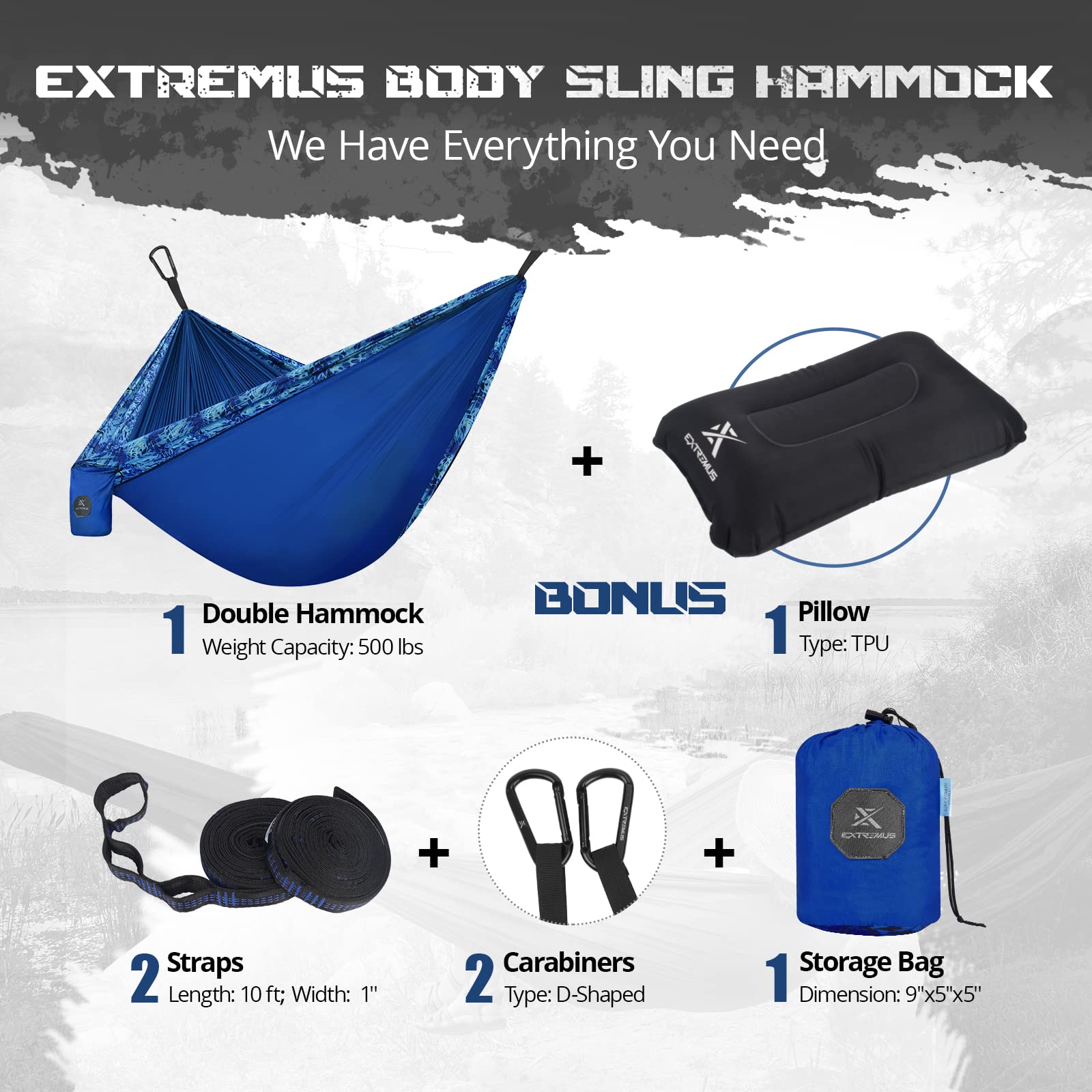 Extremus Single Camping Hammocks, Portable Hammock, Shoreline/Navy Blue, 9ft x 4.6ft