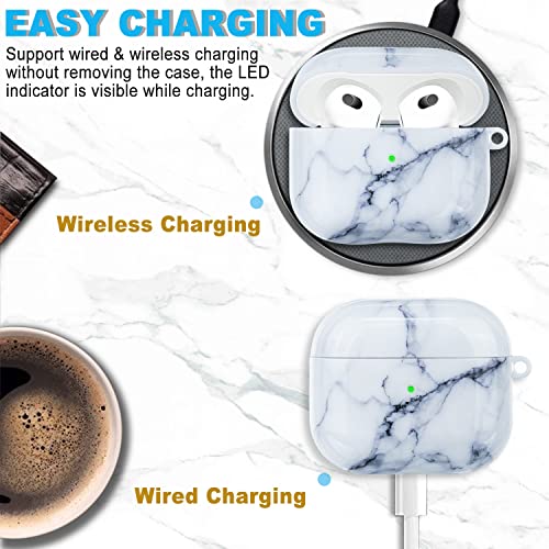 Marble Airpods 3 Case 2021 - YOMPLOW Protective Hard Case Cover Skin Portable Shockproof Women Girls with Keychain for Apple Airpod 3rd Generation Charging Case - White Marble