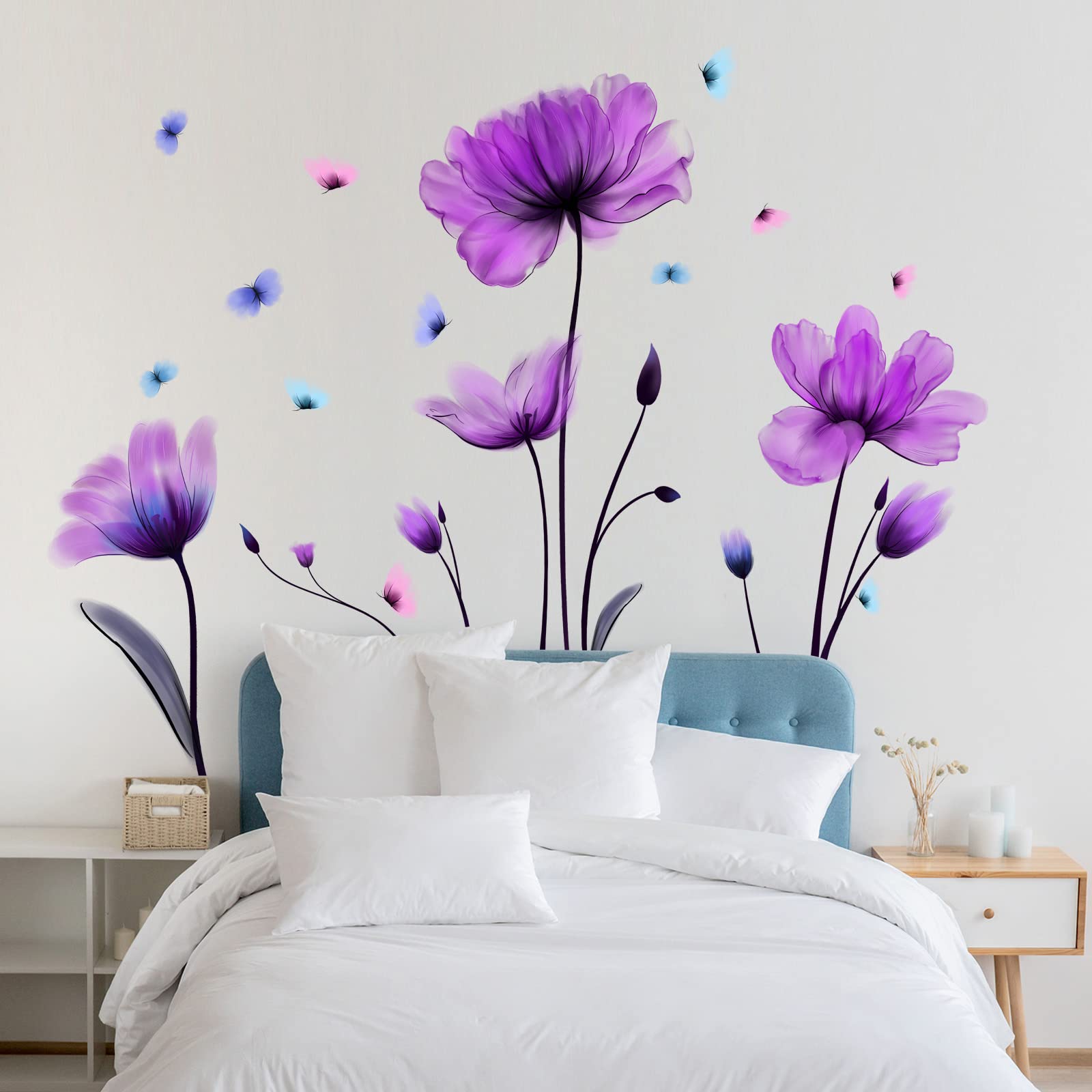 Flowers Wall Sticker Purple Floral Wall Decal Removable Butterfly Wall Stickers Self Adhesive Wall Mural for Nursery Bedroom Kids Room