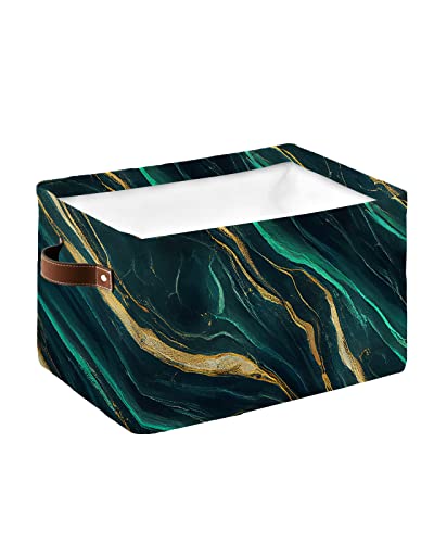 Marble Emerald Green Cube Storage Organizer Bins with Handles, 15x11x9.5 Inch Collapsible Canvas Cloth Fabric Storage Basket, Modern Abstract Gold Art Books Kids' Toys Bin Boxes for Shelves, Closet