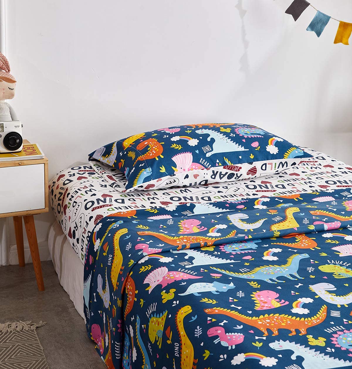 Dinosaur Twin Sheet Set for Kids Boys Teens Cute 3 Pieces Navy Microfiber Bedding Set with Pink Blue Orange Gray Dinosaurs Colorful Monster Style
