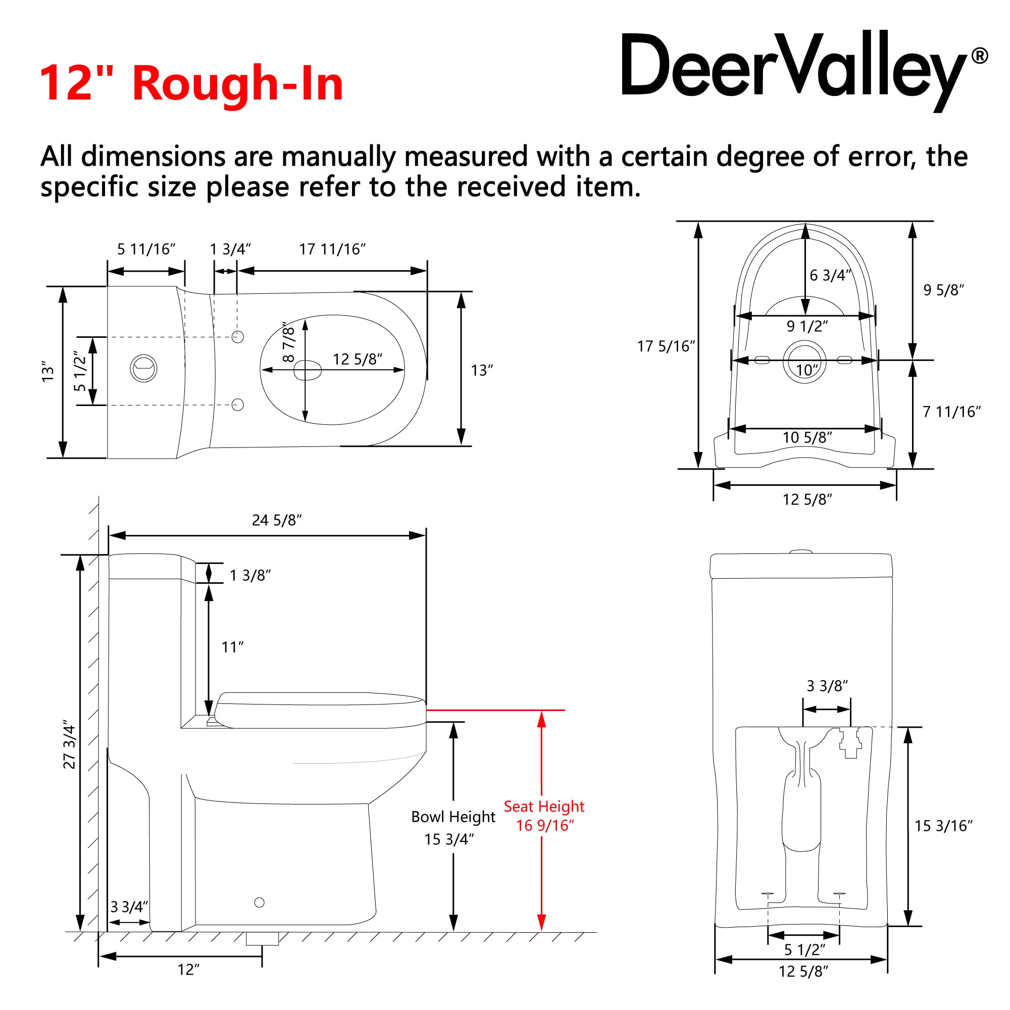 DeerValley DV-1F52813 Tiny Small Compact Dual Flush One Piece Toilet, Space Saver Commode designed for Water Closet, Soft Closing Seat Included, High-Efficiency WaterSense Cotton White