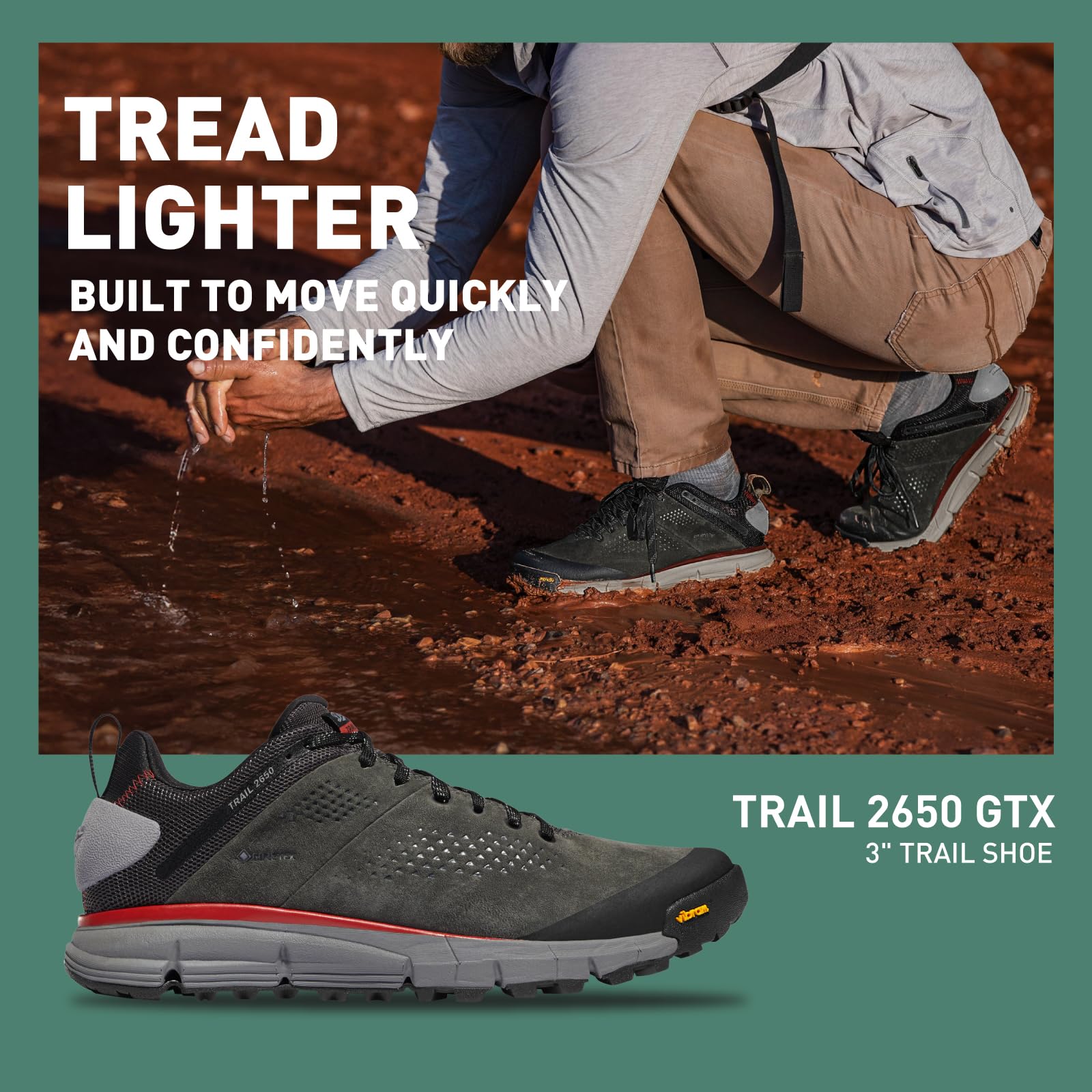 Danner Trail 2650 3” Waterproof Hiking Shoes for Men - Durable Leather & Textile Upper with Breathable Gore-Tex Lining and Vibram Traction Outsole, Dark Gray/Brick Red - 8 D
