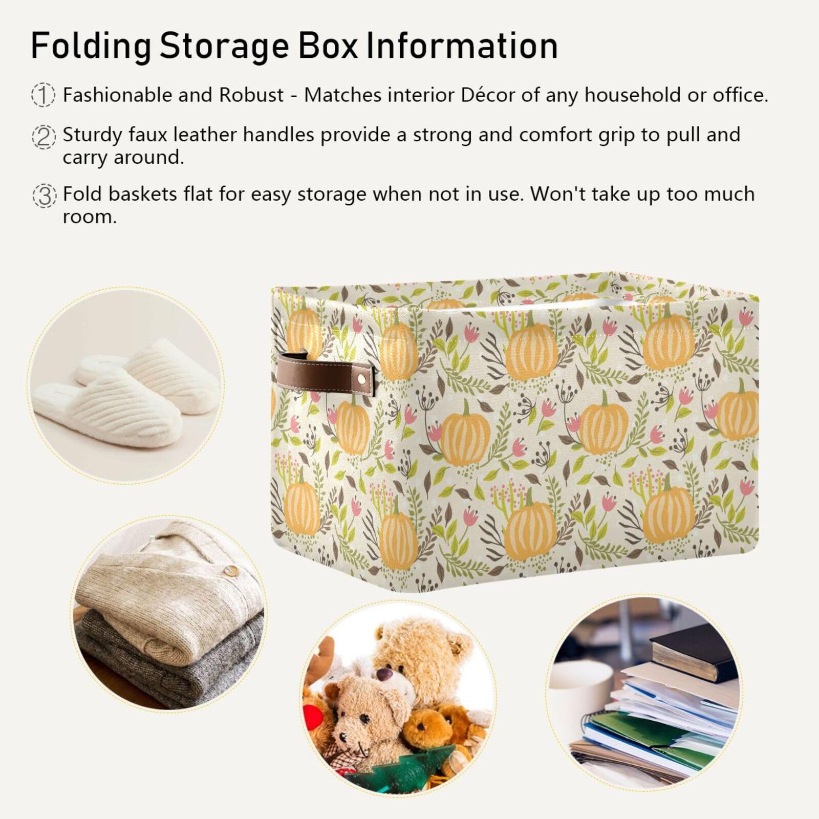 Large Storage Basket Floral Pumpkin Halloween Autumn Foldable Storage Box Organizer Bins with Handles for Bedroom Home Office