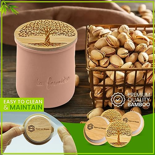 La Fermiere Yogurt Container Covers β Tree of Life Design or Choose a Design - 4 Bamboo Wood Lids Set With Extra Silicone Gaskets - Perfect Airtight Fit