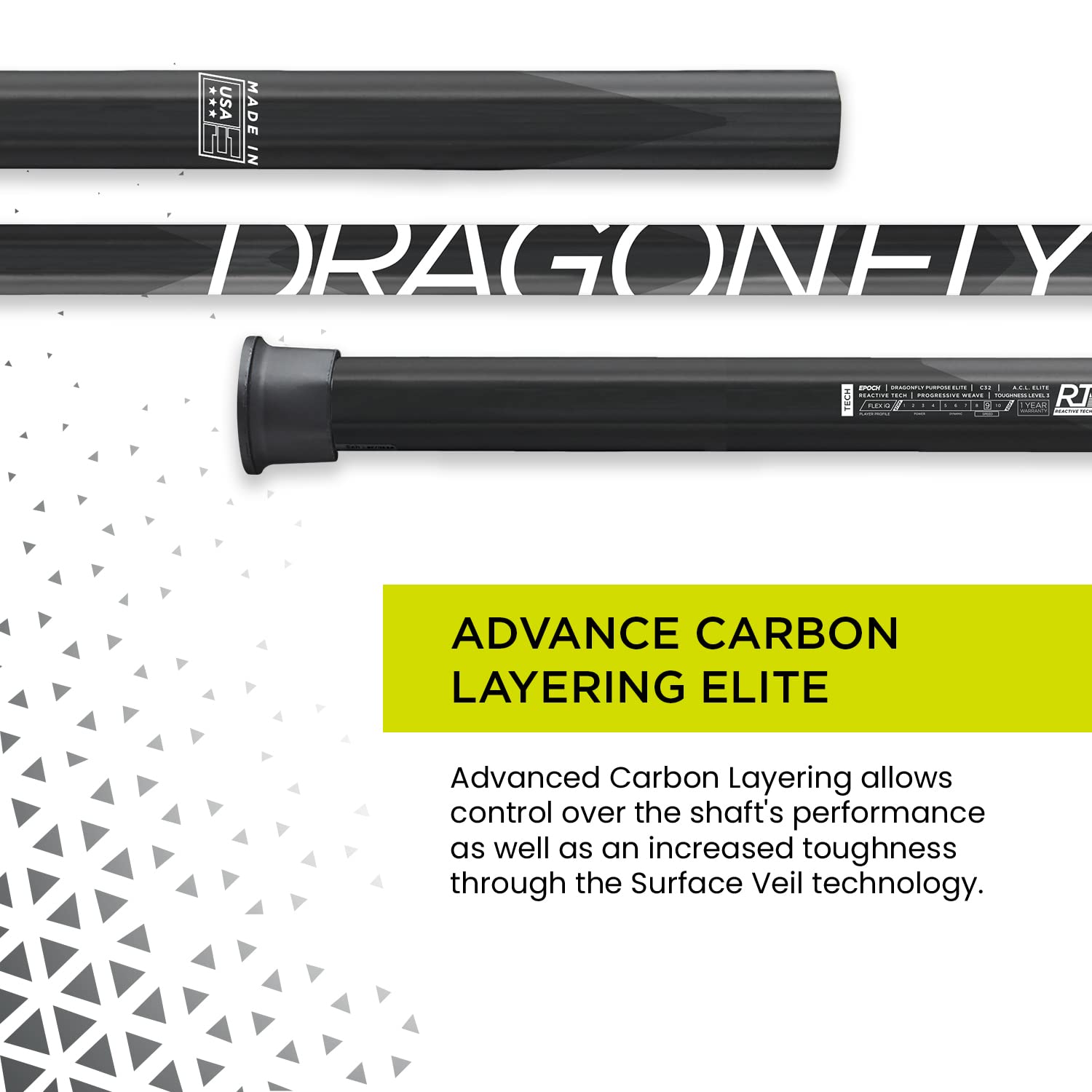 Epoch Women's Dragonfly Purpose Elite Lacrosse Shaft for Attack/Midfield/Defense, 32" Mid-Flex iQ9, Traditional Concave Geometry, Features Progressive Weave and Uniform Release Point, Made in USA