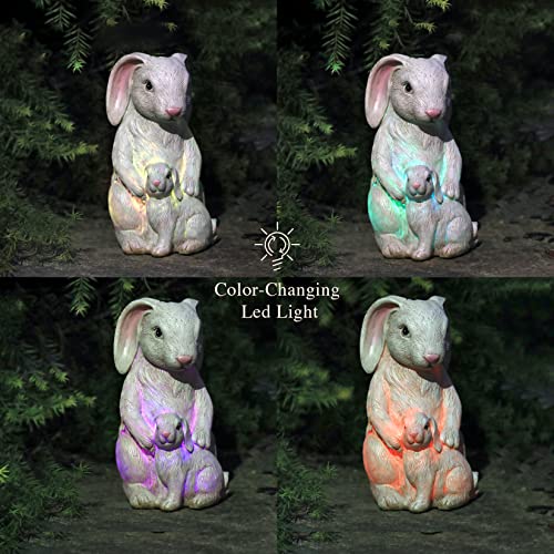 LA JOLIE MUSE Garden Statue Bunny Decor- Mom & Baby Rabbit Figurine with Solar Color Changing LED Lights for Outdoor Indoor, Patio Yard Lawn Ornament, Gifts for Mom