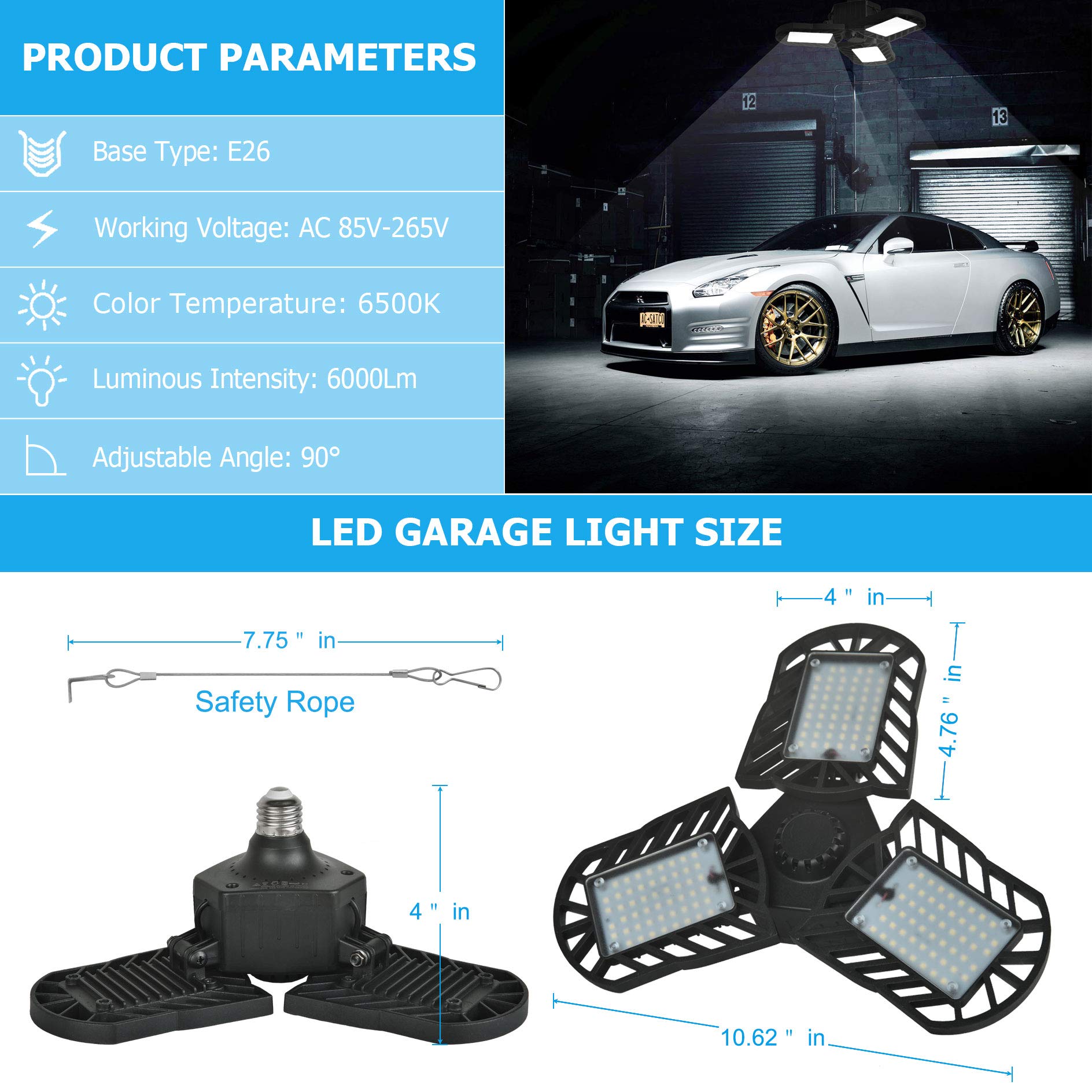 Deformable LED Garage Light,Winshine E26 Base 6000LM 60W Triple Light Garage Ceiling Lamp,6000K Daylight LED Shop Light,3 Adjustable Panels Bay Lighting for Garage,Warehouse,Barn (NO Motion Activated)