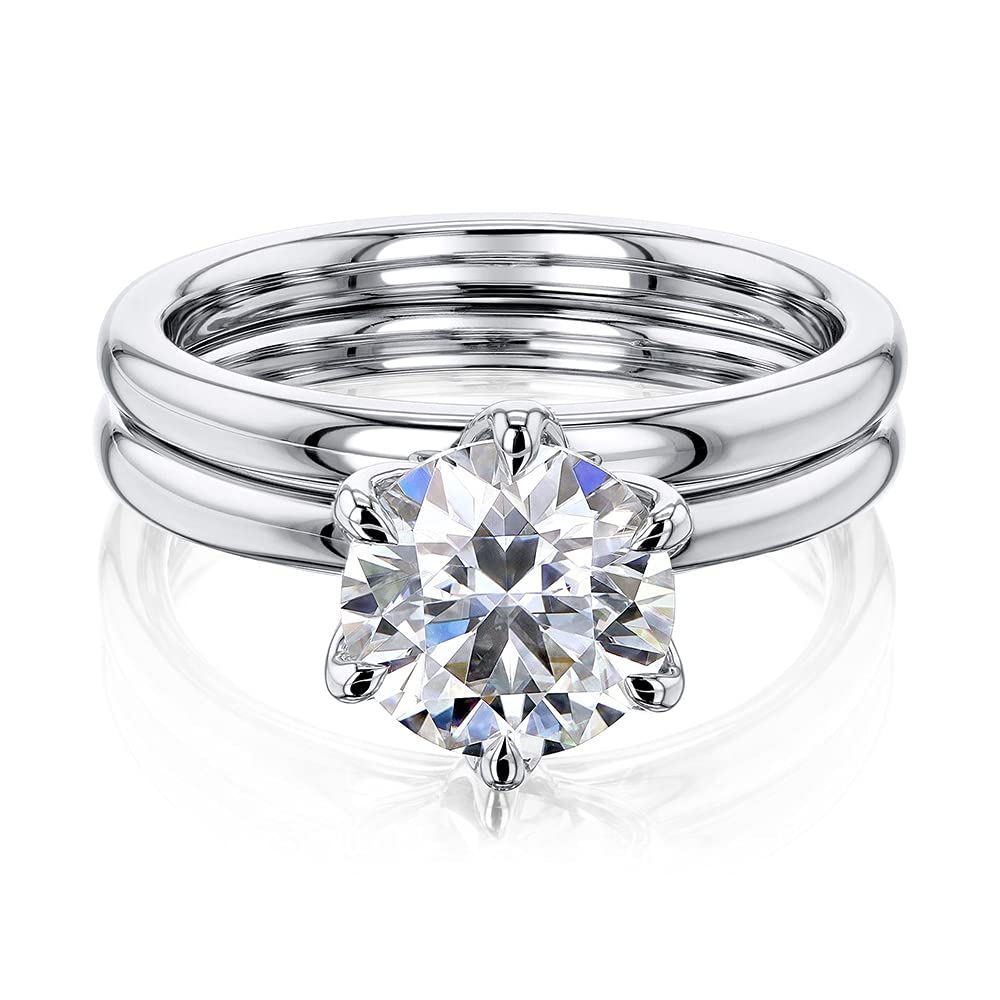 Dazlura Moissanite Round Cut Colorless Wedding Bridal Set 925 Sterling Silver 8.5MM Engagement Solitaire Ring with Band (6.5)