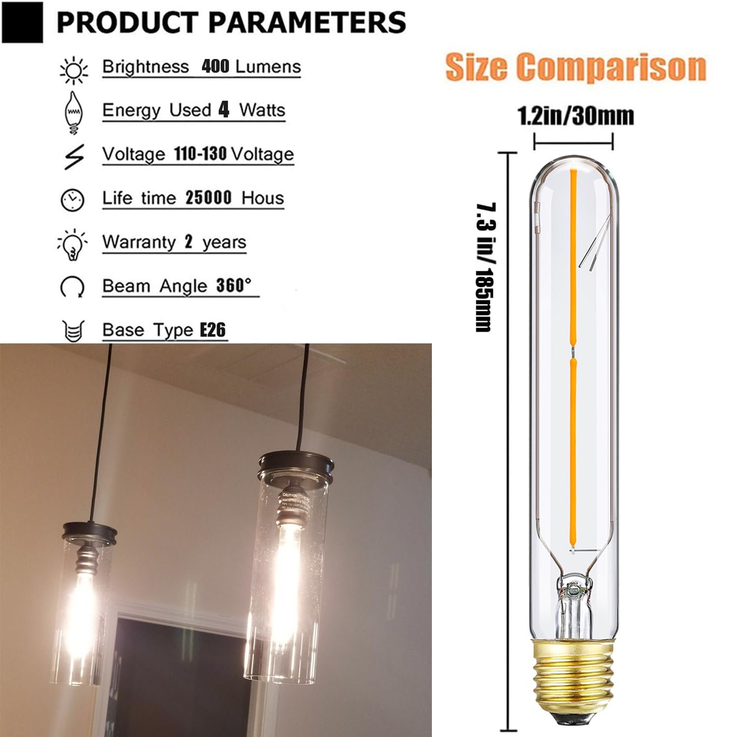 LVYE Tubular E26 LED Bulb 4W Equal 40 Watt Warm White 2700K E26 Edison AC120V 400lm Tube T9 T10 LED Light Bulb for Rustic Pendant,Chandeliers,Wall sconces 4Pack