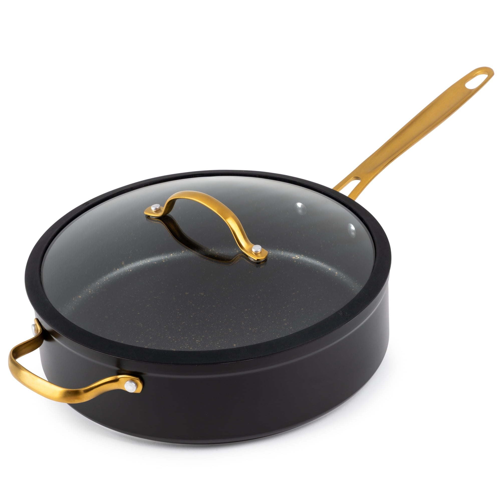 Non Stick Saute Pan with Glass Lid, 5 Quart Black and Gold Signature for Effortless Cooking, Durable Design, Excellent Heat Distribution