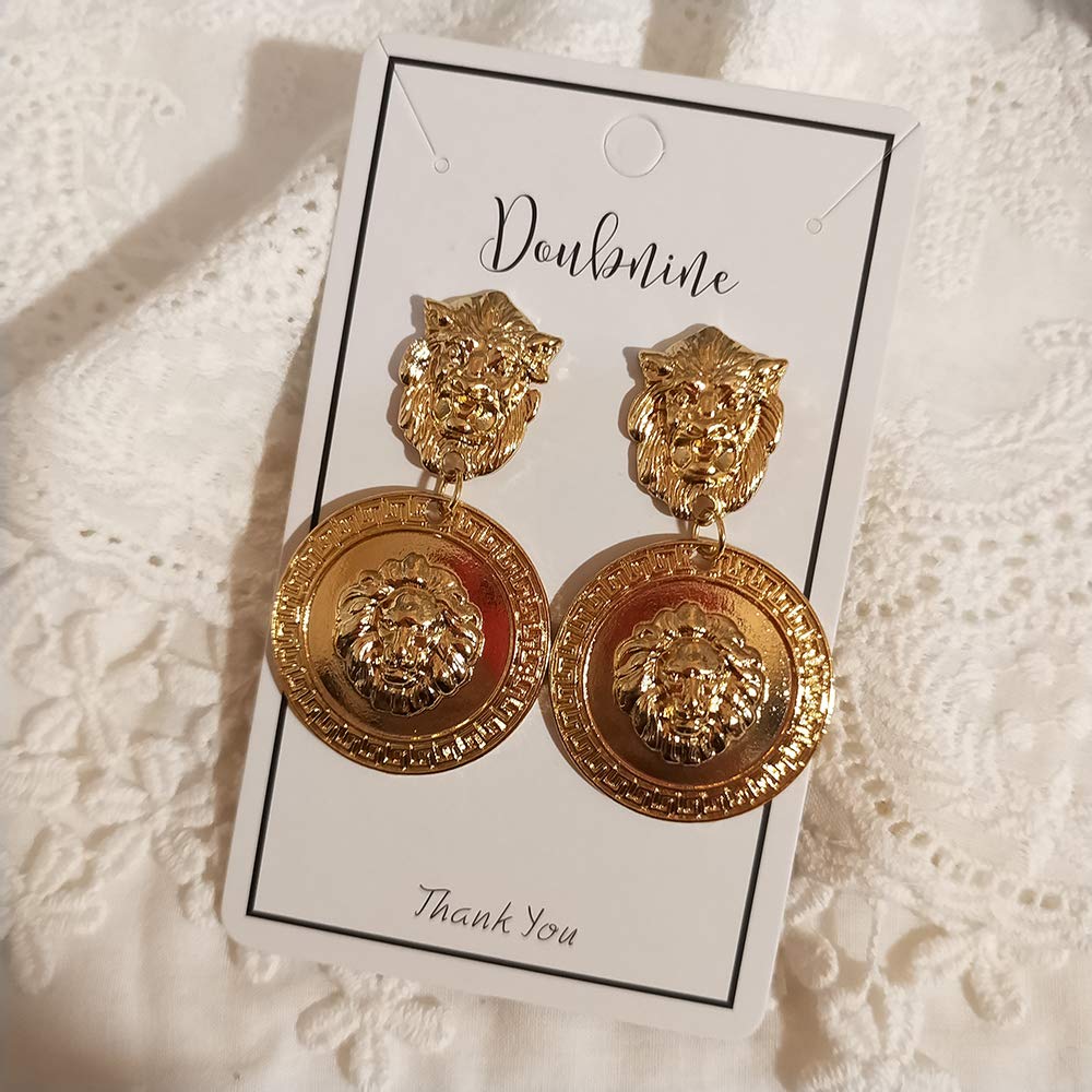 Doubnine Lion Head Earrings Big Coin Gold Circle Dangle Baroque Animal Earrings Vintage 80's Women Accessories Gift
