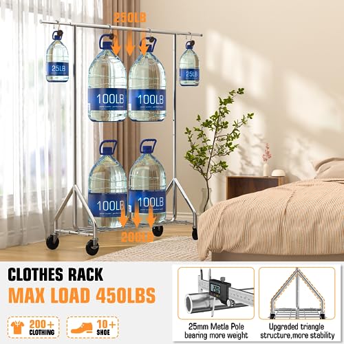 HYSEYY Clothes Rack, Heavy Duty Clothes Rack Load 450 LBS, Standing Clothing Rack with Shelves & Wheels, Garment Racks for Hanging Clothes Adjustable Collapsible Rolling Clothes