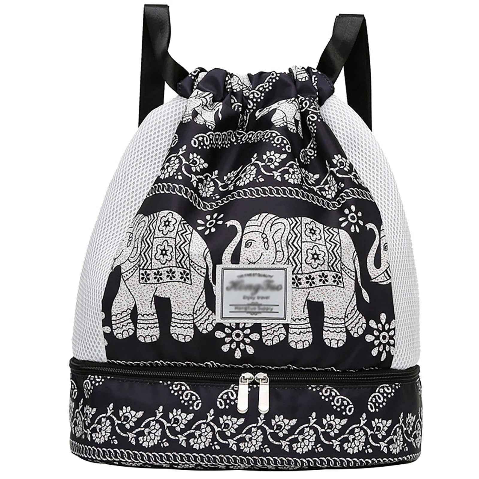 Drawstring Bag Sport Gym Backpack With Shoe Compartment And Dry Wet Depart Swimming Gym Bag, Drawstring Backpack Gym Bags For Men/Women For Travel, Fitness, Soccer, Beach(black print)