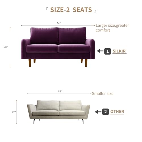 SILKIR Mid-Century Modern Small Spaces Comfy Velvet Living Room,Office,and Apartment,Loveseat Couch Sofas, 58 & 70 Inch, Eggplant