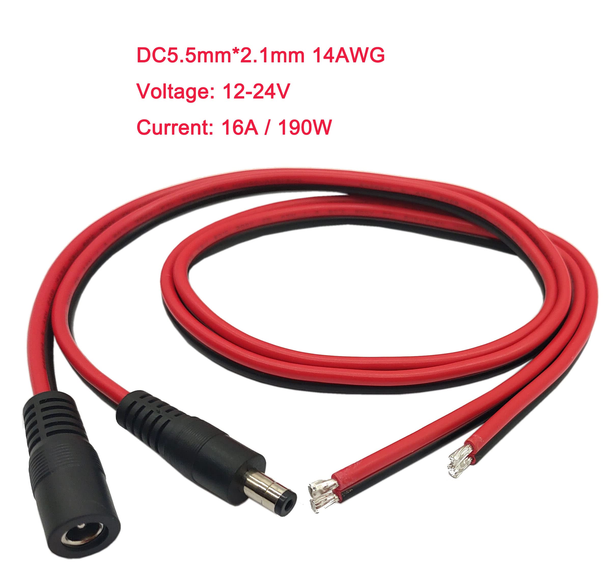 Halokny DC Power Pigtails Cable, 1 Pairs 14AWG DC5.5x2.1mm 12V 5A Male & Female Connectors Power Single Ended Extension Cable for CCTV Security Camera and Lighting Power Adapter 60cm/2Ft