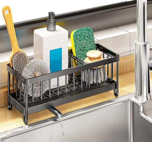 JYFKINN Sponge Holder for Kitchen Sink, Kitchen Sink Caddy, Rustproof 304 Stainless Steel Dish Sponge Organizer with Diversion Drainage, Dish Soap Dispenser Brush Holder Storage