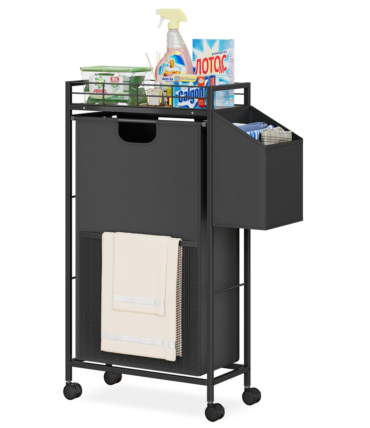 LASZOLA Slim Laundry Hamper with Wheels & Lid, 52L Thin Narrow Laundry Basket with Handle for Small Spaces, Tall Rolling Skinny Clothes Hamper with Removable Liner Bag, Side Pockets and Net Bag, Black
