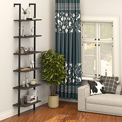 Wolawu Ladder Shelf Black 6 Tiers Modern Bookshelf Room Organizer Open Tall Wall Mount Bookcase Standing Leaning Wall Shelves Industrial Decorative Living Room Bed Room