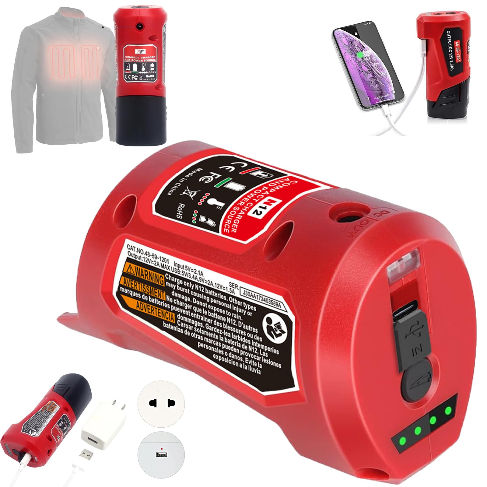 M-12 Battery Charger with type-c Port & DC 12V Outlet，Power Source Replacement for Milwaukee m12 12V Battery Adapter for Milwaukee Heated Jacket 49-24-2310 Compatible with 48-11-2420 48-11-2411