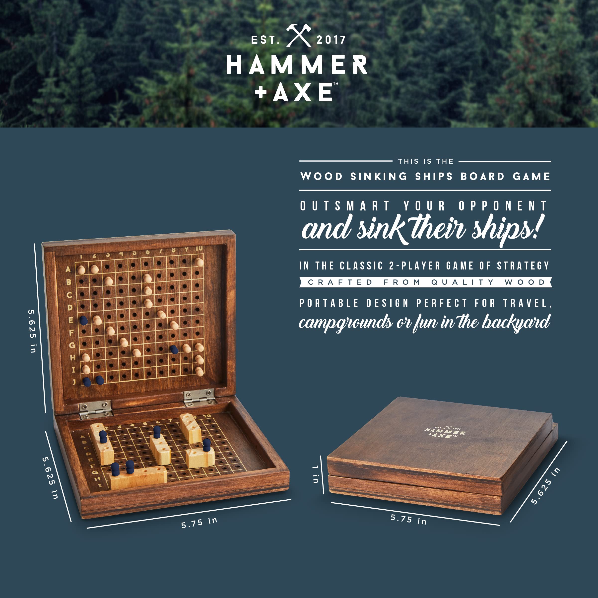 Hammer + Axe Wooden Sinking Ships 2-Player Board Game, Quality Crafted Wood, Portable Vintage Design, Great for Beach Camping Parties & Travel