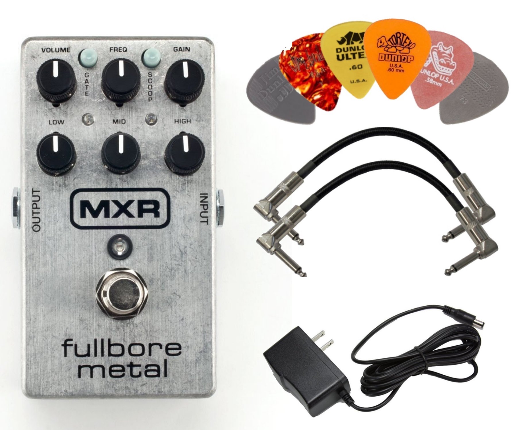 Dunlop MXR M116 Fullbore Metal Distortion Guitar Pedal with AC Power Supply, 2 Patch Cable and 6 Guitar Picks