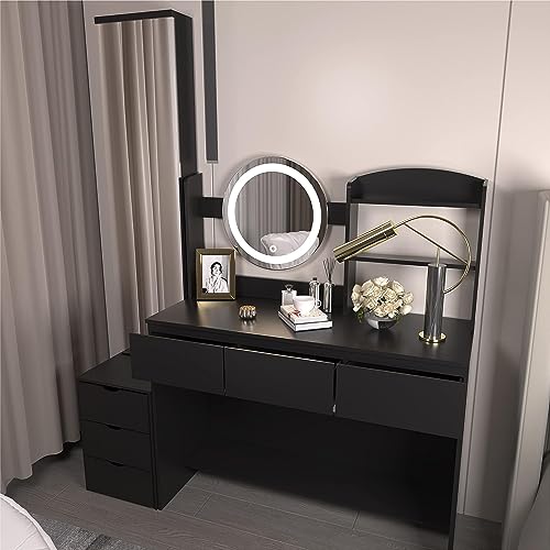 XVURO Vanity Desk with 3-Color Adjustable Touch Light,Wooden Mass Storage Makeup Vanity Mirror with 6 Drawers for Women Girls Black