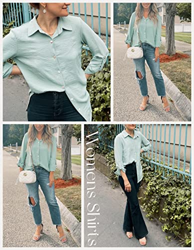 Women's Button Down Shirt Work Business Casual 3/4 Sleeve Tops Rolled Up Plus Size Shirts V Neck Curved Hem Chiffon Blouse Tops Light Green