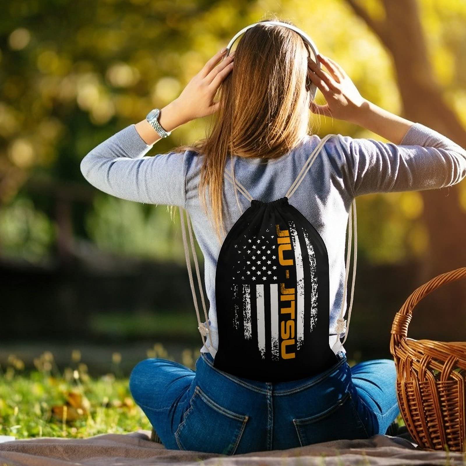 FunnyStar Jiu Jitsu USA Flag Canvas Drawstring Backpack Shoulder Pouch String Bag Sackpack For Gym Shopping Sport Yoga Travel 30x40cm