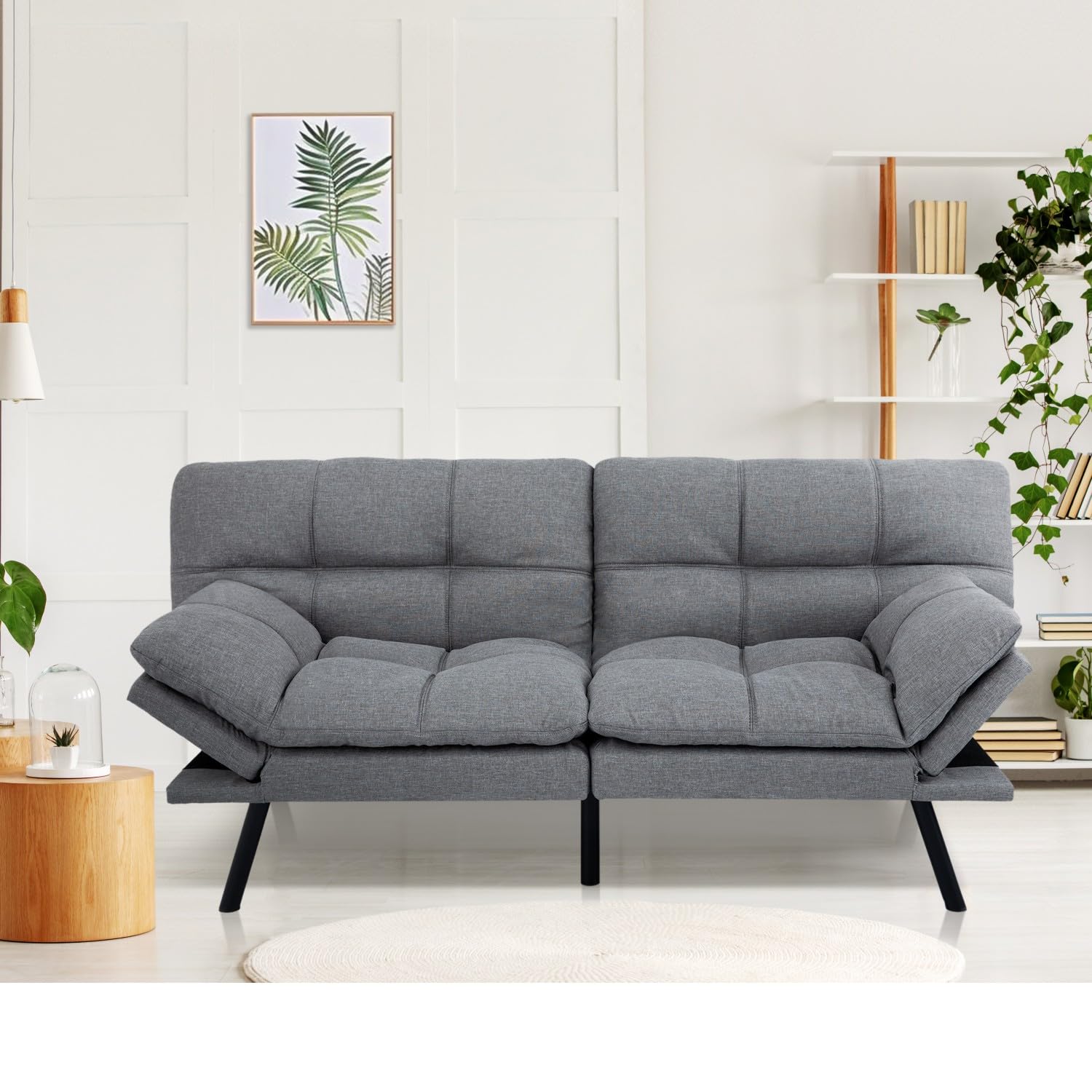 MUUEGM Futon Sofa Bed Modern Folding Futon Set, Convertible Recliner for Living Room,Small & Compact Spaces, Metal Legs,Easy AssemblyďźAdjustable Backrest&Armrests, Linen,Light Gray.