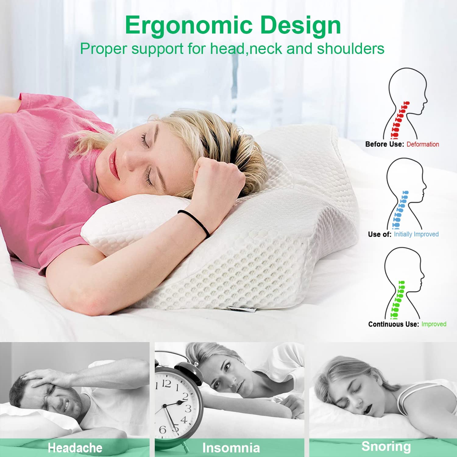 Elviros Cervical Memory Foam Pillow, Contour Pillows for Neck and Shoulder Pain, Ergonomic Orthopedic Sleeping Neck Contoured Support Pillow for Side Sleepers, Back and Stomach Sleepers (Grey, Soft)
