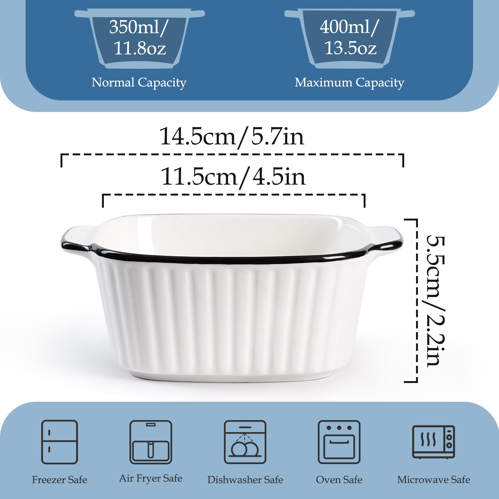 NUTRIUPS 13Oz Ceramic Baking Dishes set of 4, 5.5'' Square Baking Dishes, Small Baking Dish for Air Fryer, Ceramic Bakeware with Handles, Oven-Safe & Microwave-Safe