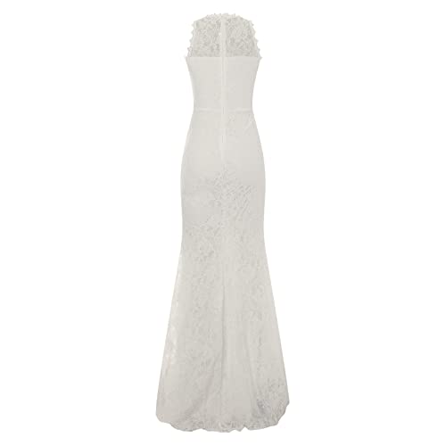 Women's White Floral Lace Slit Mermaid Wedding Dresses for Bride Summer Sleeveless Slim Maxi Long Bridal Gown