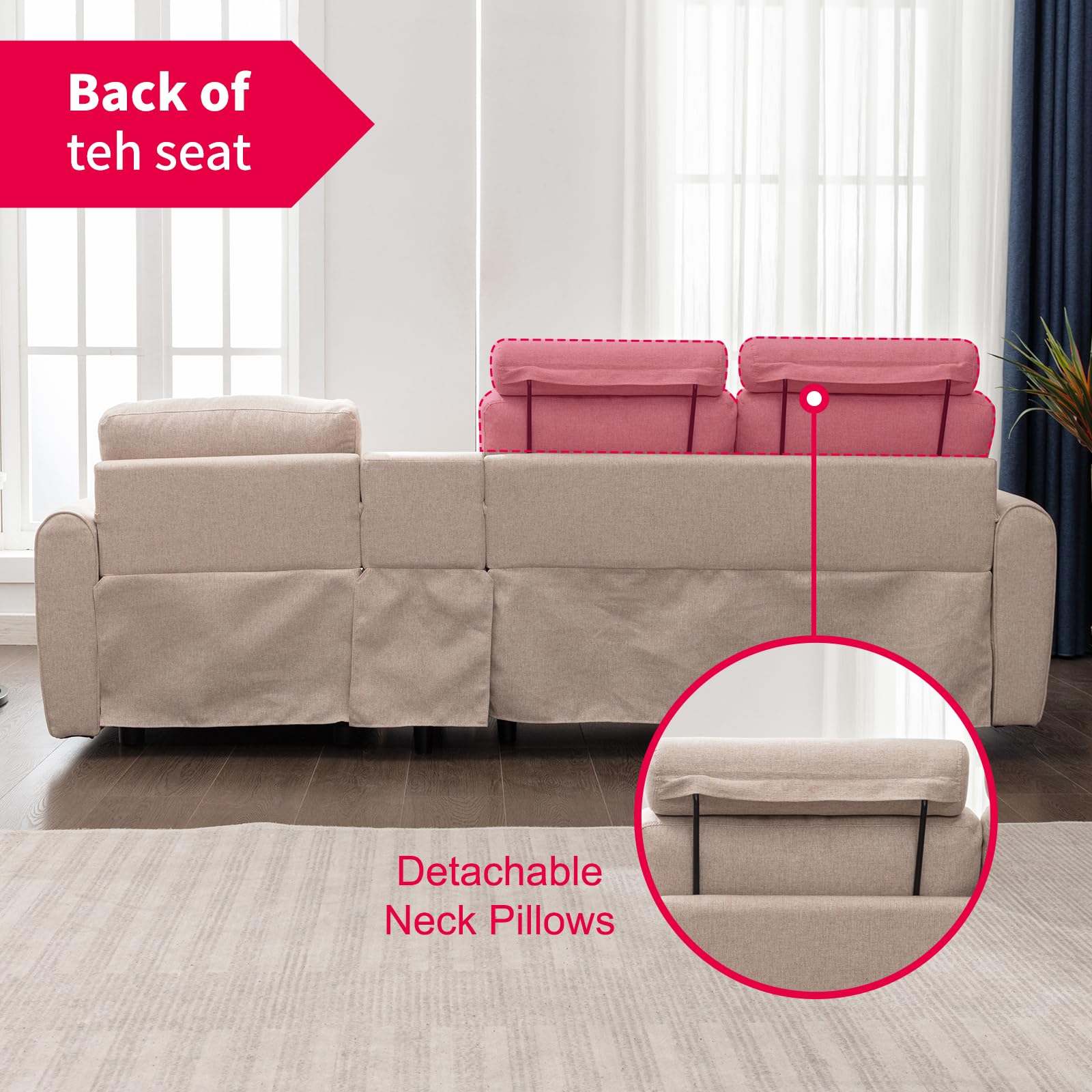 MUZZ 89" Sectional Sofa with Storage Chaise with Cup Holders, Modular L Shaped Sectional Sofa with Neck Pillows, Convertible Sectional Couch for Living Room/Apartment,Light Grey