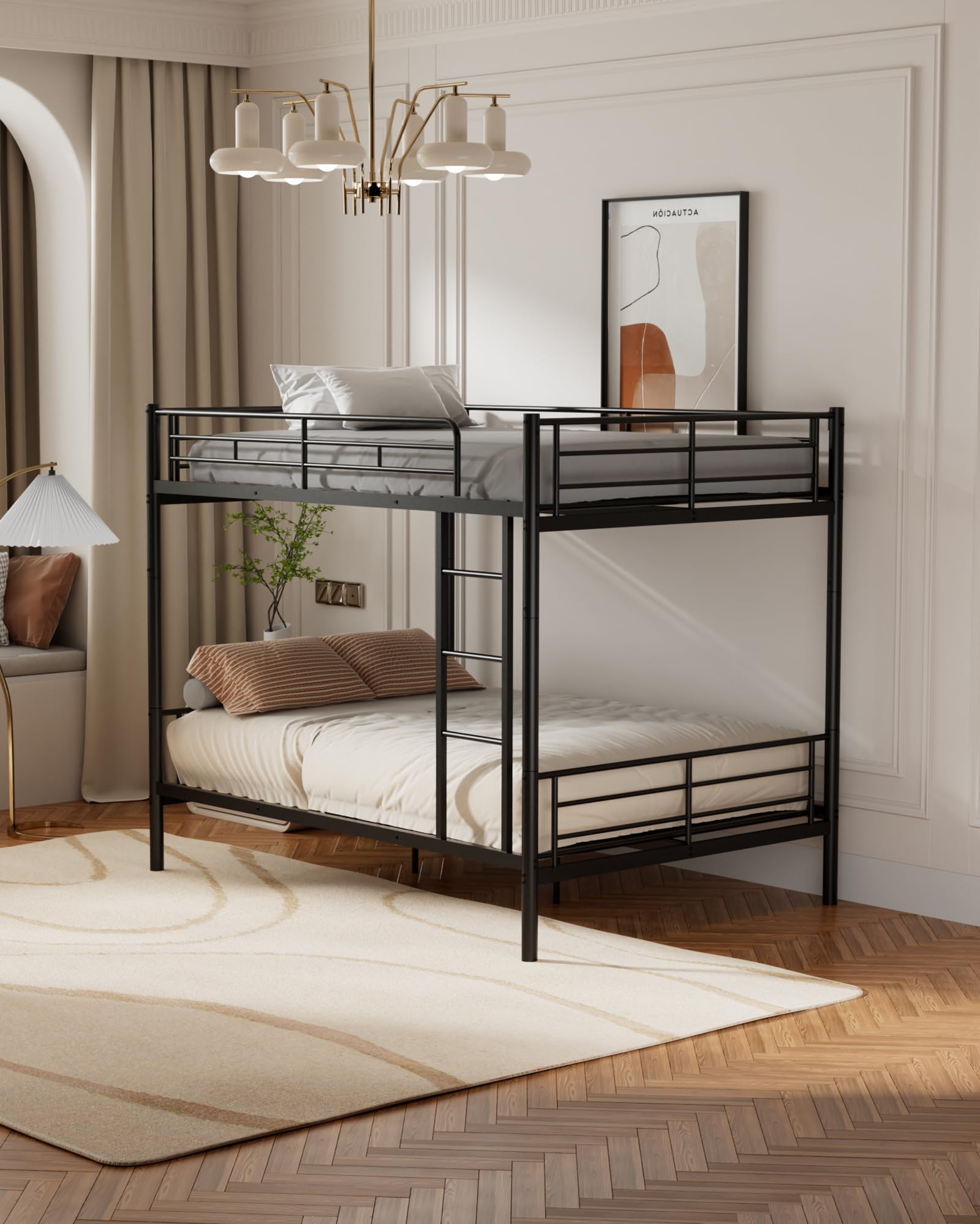 Miscoos Full Over Full Metal Bunk Bed for Kids, Convertible into 2 Separate Full Beds, Heavy Duty Bunk Bed Frame with High Guardrail and Built-in Ladder, No Box Spring Needed, Noise Free, Black