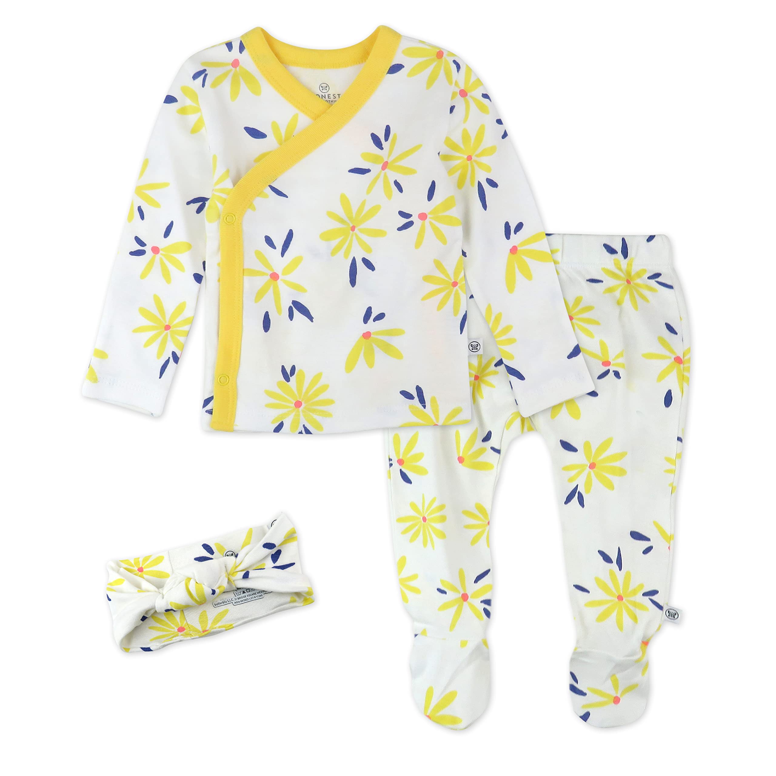 HonestBaby 3-Piece Organic Cotton Kimono Top, Footed Pant & Headband/Beanie Set, Baby Daisy White, 0-3 Months