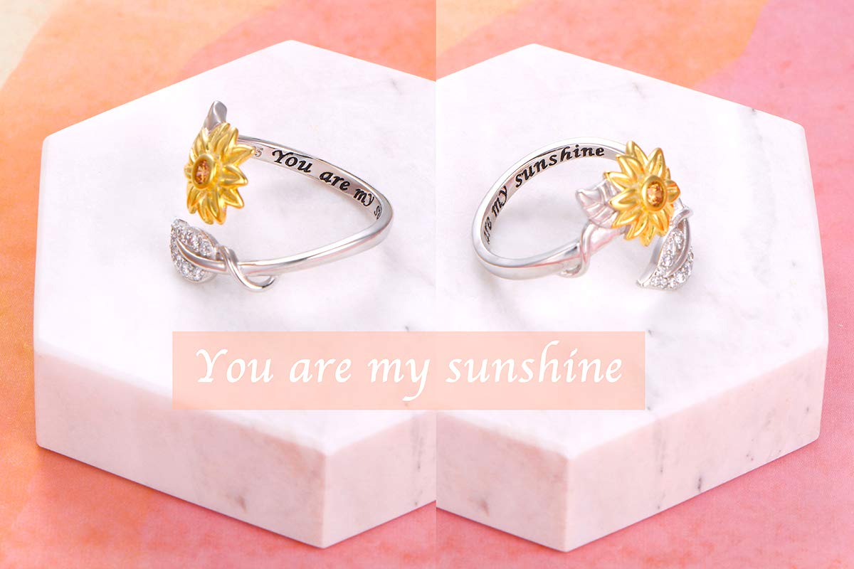 DAOCHONG Sterling Silver You are My Sunshine Sunflower CZ Heart Ring Adjustable Size 5-9 (7)