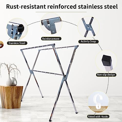HYZSWGC Foldable Clothes Drying Rack, 95 Inches Adjustable Stainless Steel Laundry Drying Rack with 20 Windproof Hooks for Clothes, Blanket, Llinens, Shoes, Indoor/Outdoor