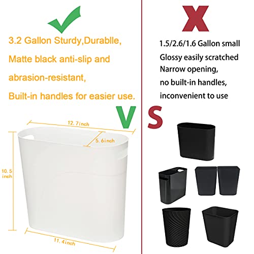 HZSOOCH 3 Pack Slim Waste Basket 3.2 Gallon 12L Plastic Small Trash Can, Office Trash Can, Slim Garbage Container Bin, Small Wastebasket with Handles for Narrow Spaces Bathroom, Kitchen (White)