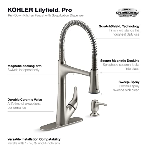 KOHLER R27459-SD-VS Lilyfield Commercial Style Pre-Rinse Single-Handle Semi-Professional Kitchen Sink Faucet, Vibrant Stainless