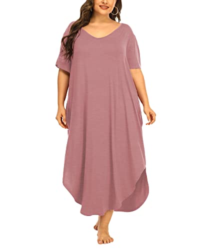 Womens Plus Size Nightgowns Sleepwear Short Sleeve Sleep Dress Maxi Night Gowns with Pockets 4X Pink