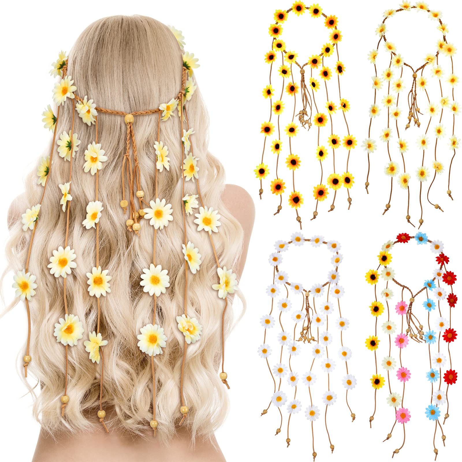 Hanaive 4 Pcs Flower Hippie Headband Floral Crown Summer Sunflower Headband Adjust Flower Headpiece Hippie Headdress for Women Costume Headwear Hair Accessories for Wedding Party(Multicolor)