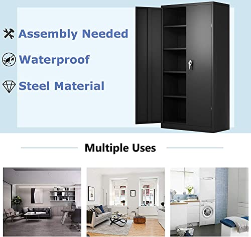 Rophefx 2 Doors Metal Storage Cabinet, Tall Locking Storage Cabinet with 4 Adjustable Shelves for Warehouse, Garage, Home Office, Black