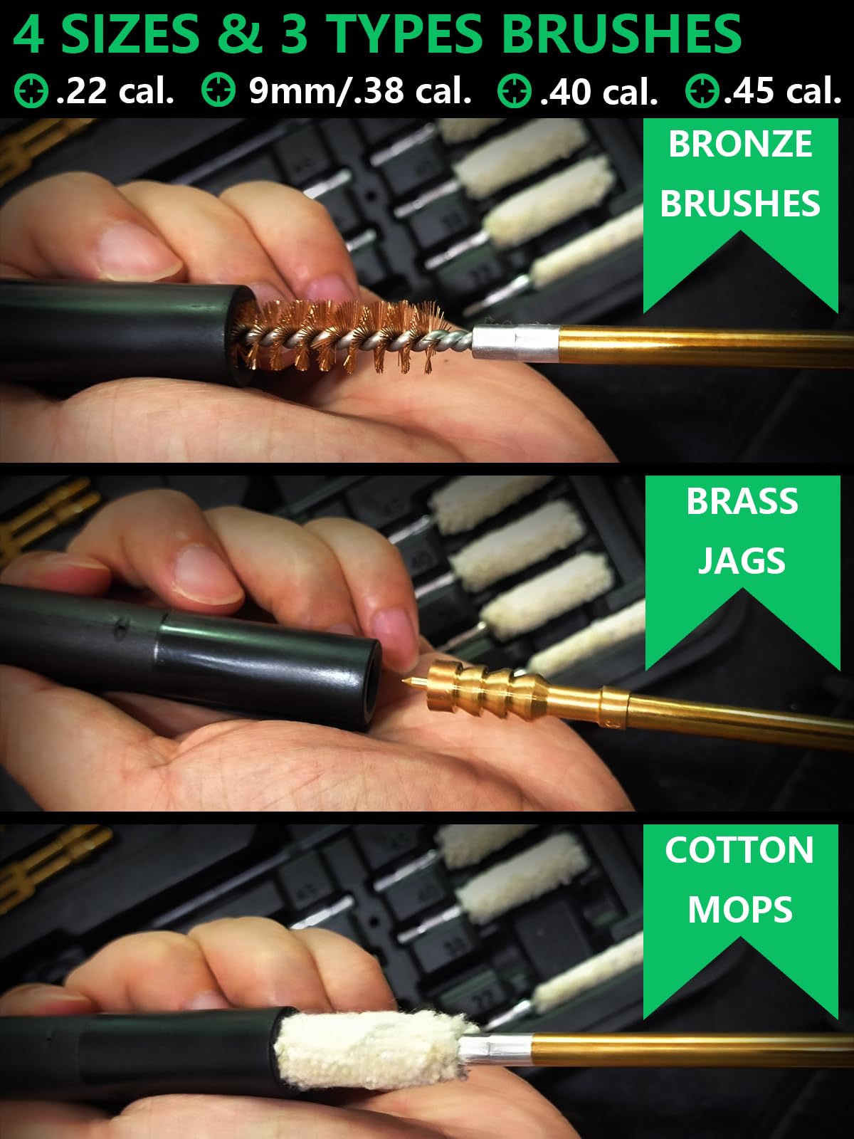 Funryer Universal Gun Cleaning Kit Pistol 9mm .38 .22 .40 .45 Caliber for Handgun Hunting Shooting with Bronze Bore Brush & Brass Jag Oil Bottle