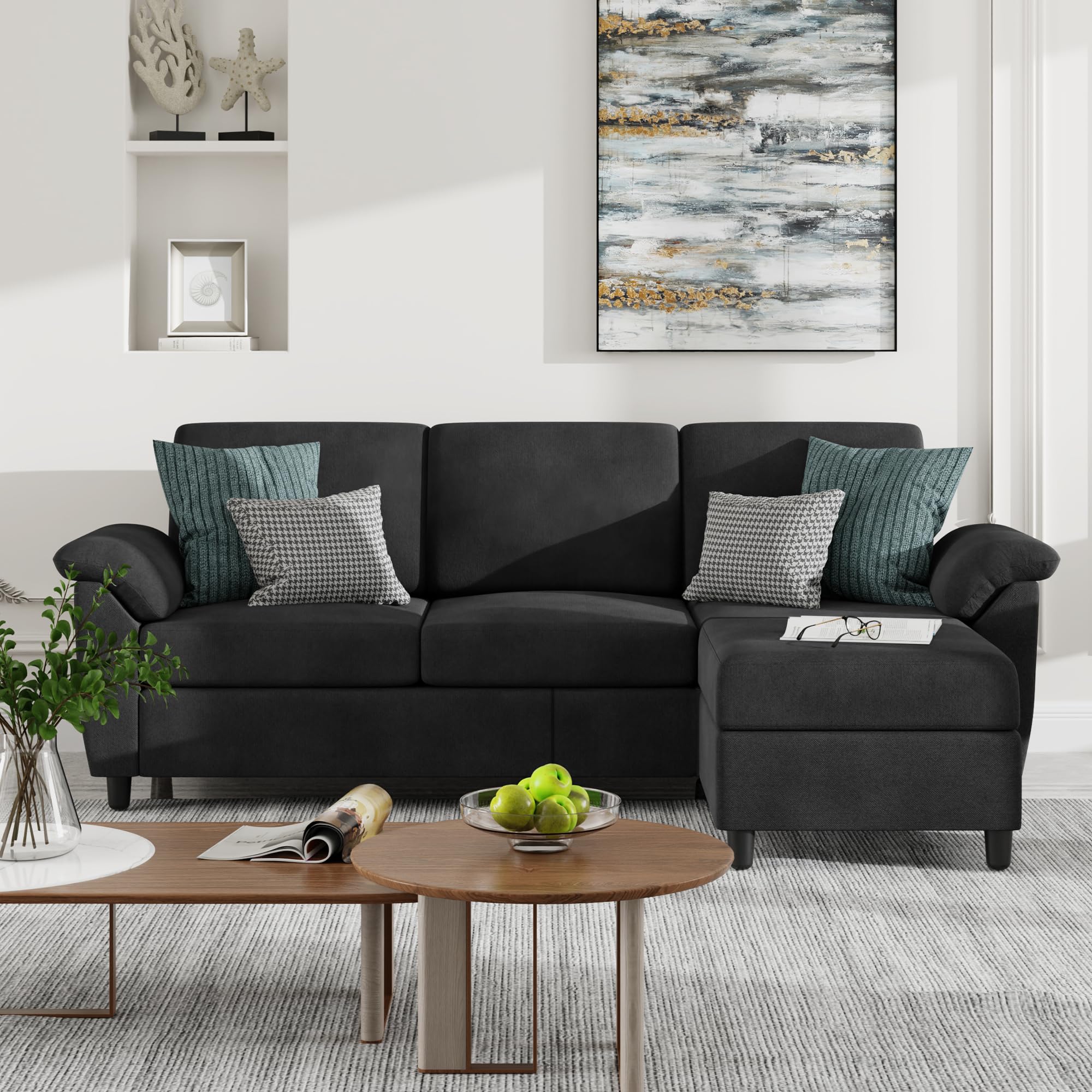 Vongrasig 79" Convertible Sectional Couch, 3 Seat L Shaped Sofa with Removable Pillows Linen Fabric Small Couch Mid Century for Living Room, Apartment and Office (Black)