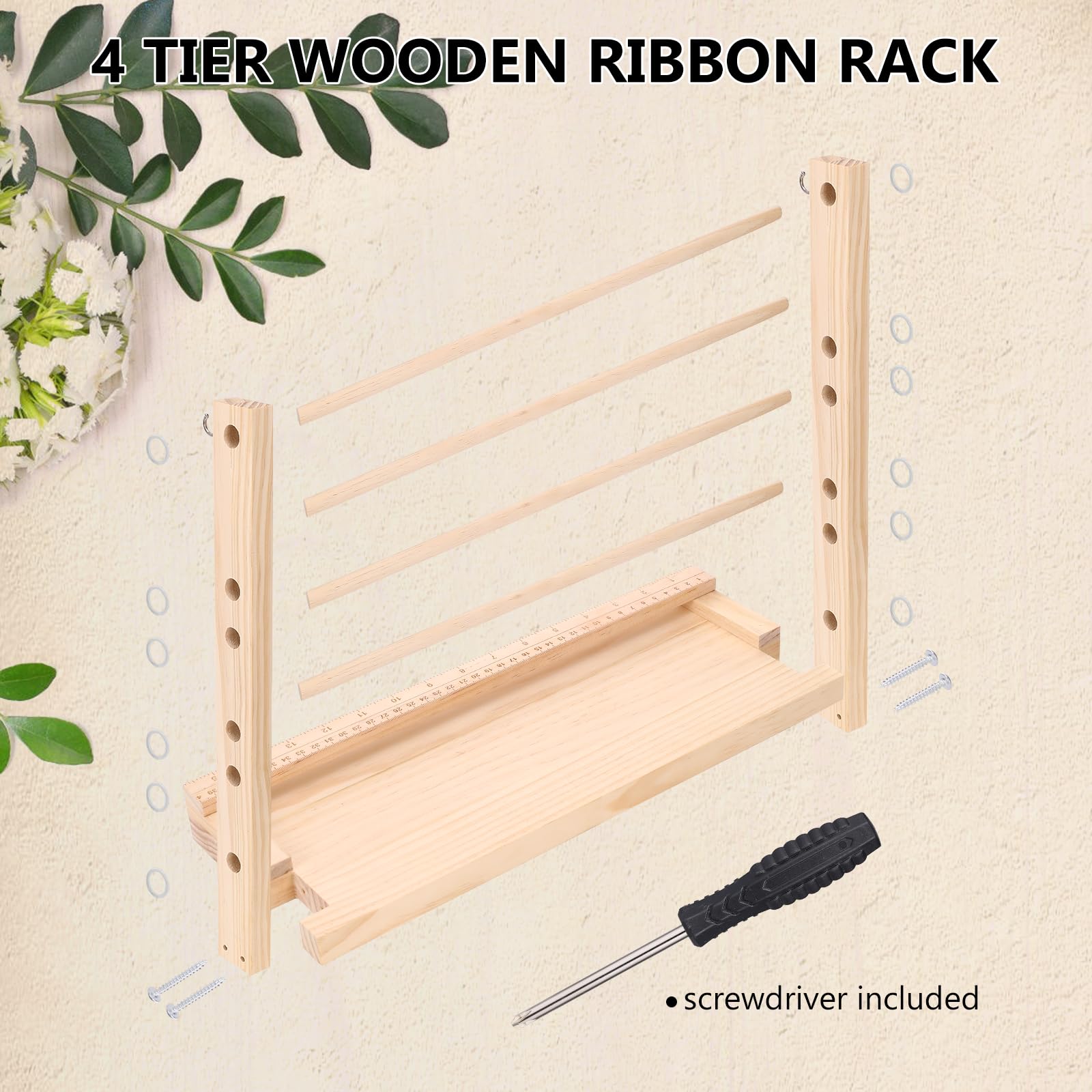 Ribbon Storage Organizer Rack 4 Tier Adjustable Wooden Ribbon Holder Spool Holder Organizer Rack Spool for Sewing Craft Mesh Thread Tape Wreath Crochet Roll Washi Tape Craft Gift Florist Wrapping