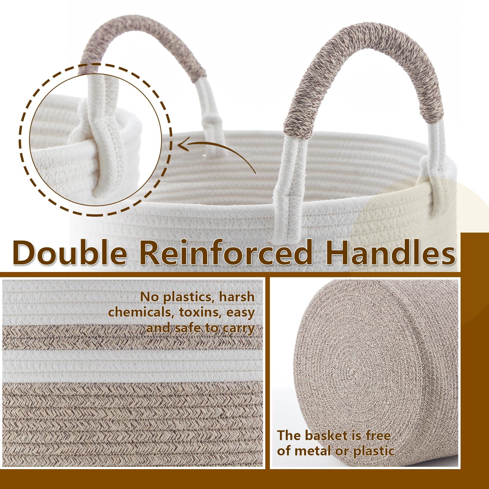 Laundry Basket, Woven Rope Laundry Hamper with Handles, Large Decorative Storage Basket for Clothes and Blankets in Living room (Jute & White, 72L)