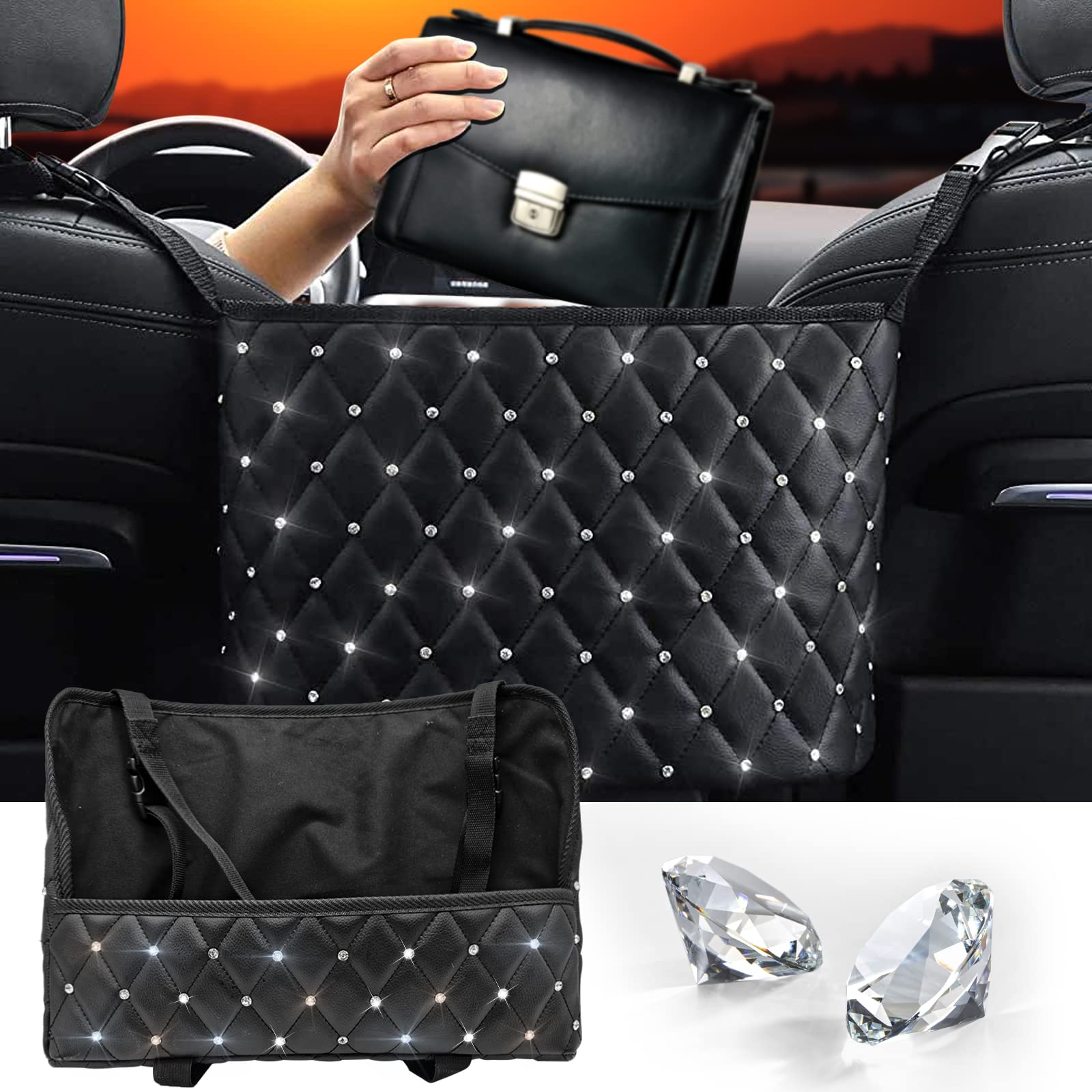 ElekTonny Bling Car Pocket Handbag Holder Between Seats,Front Seat Pet Barrier Net for Backseat Storage Car Interior Accessories for Women Black CO202304