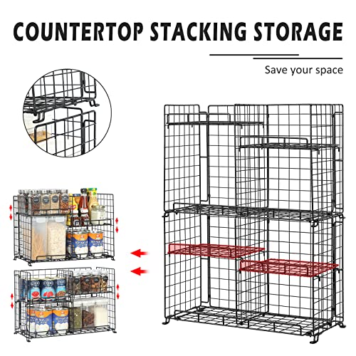 Stackable Wire Basket for Kitchen & Pantry, 4 Tier Countertop & Cabinet Spice Rack with Adjustable Dividers, Metal Spice Organizer Storage Basket for Spice Canned Snack Black