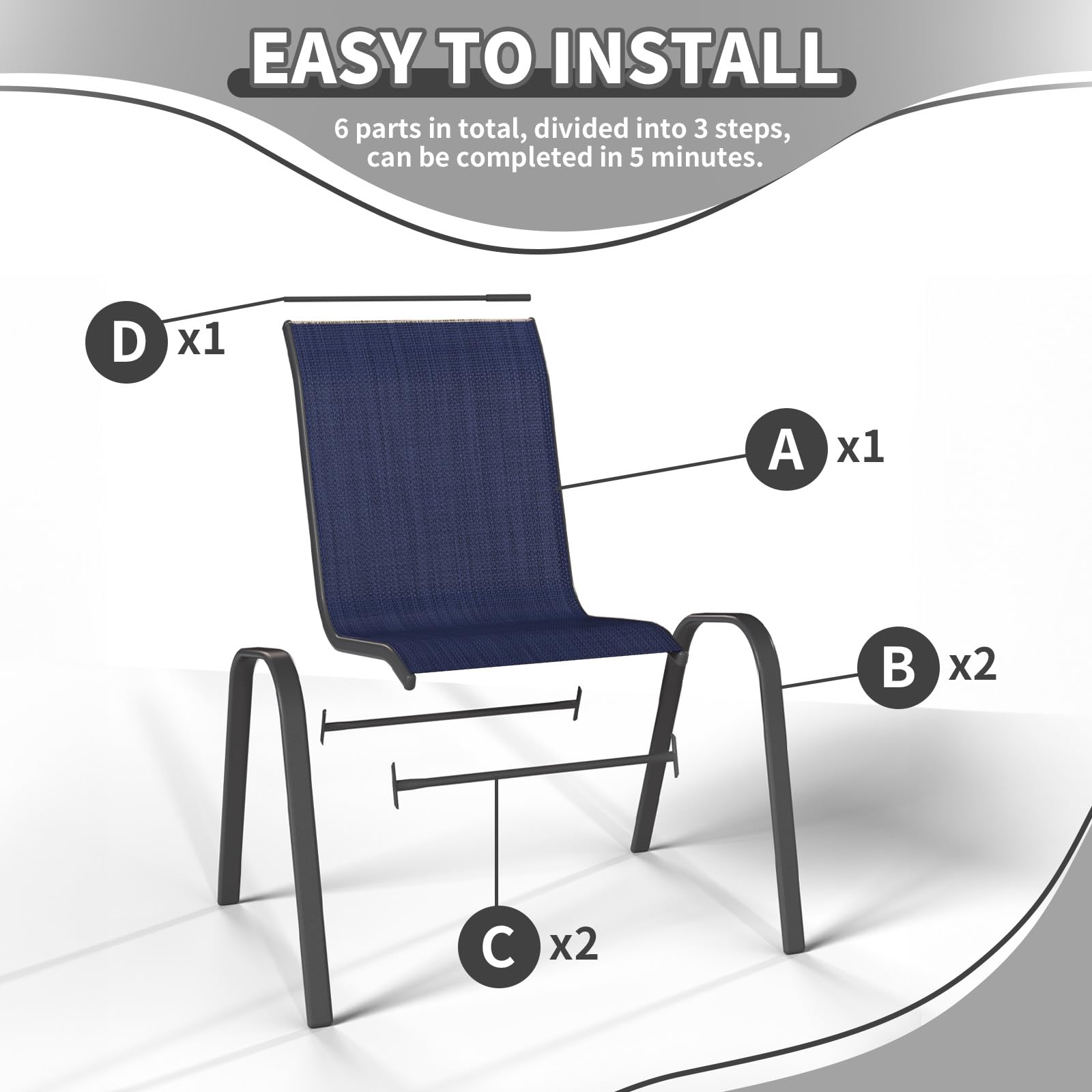 VONZOY Patio Dining Chairs Set of 6, Outdoor High Stacking Chairs,Breathable Seat Fabric and Alloy Steel Frame for Backyard, Porch, Garden, Sunroom (Blue)